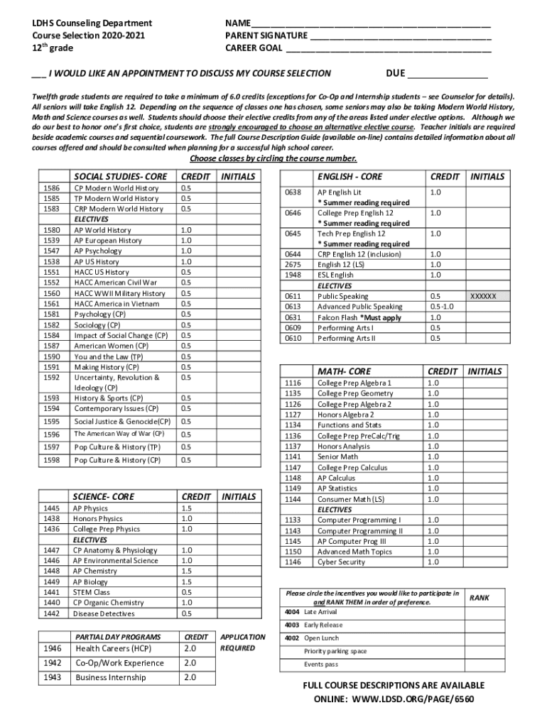 Fillable Online 2020-2021 Course Selection Sheet 10th Grade Classes ...
