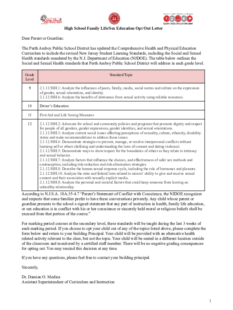 Fillable Online High School Family Life Template Letter - Opt Out Form ...