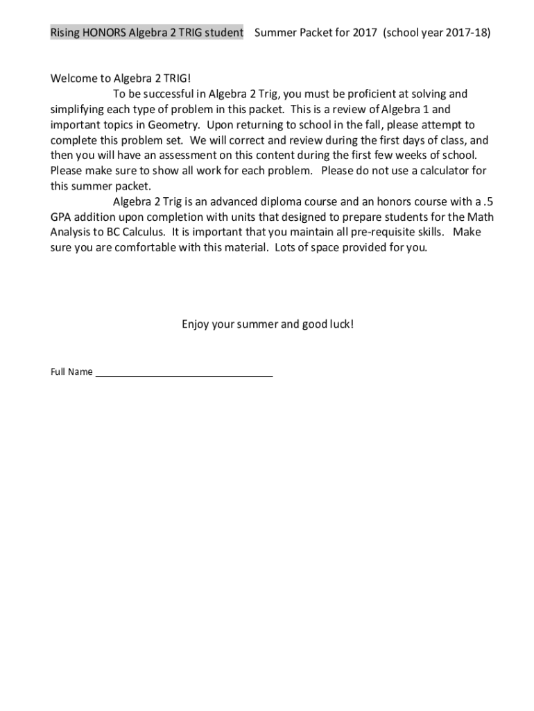 Fillable Online Honors Algebra 2 Summer Packet Info Sheet Fax Email ...