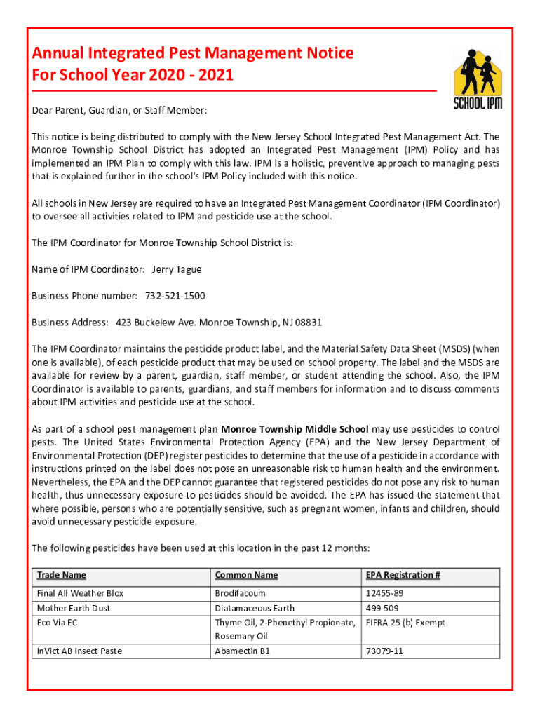 Fillable Online Annual Integrated Pest Management Notice - Elizabeth ...