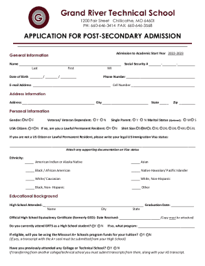 Fillable Online APPLICATION FOR POST-SECONDARY ADMISSION Fax Email ...