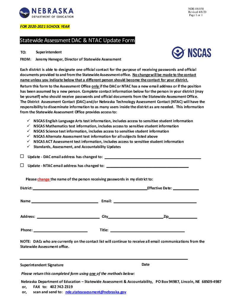 Fillable Online Statewide Assessment DAC & NTAC Update Form Fax Email ...