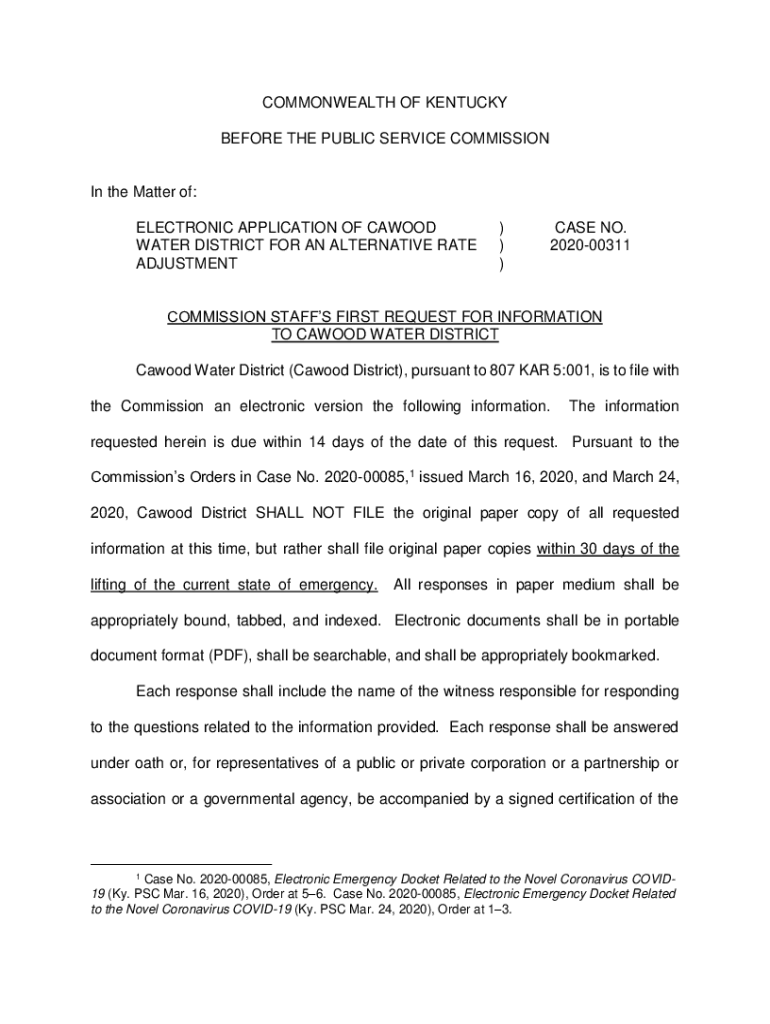 Fillable Online psc ky APPLICATION OF CAWOOD WATER DISTRICT FOR AN ALTE ...