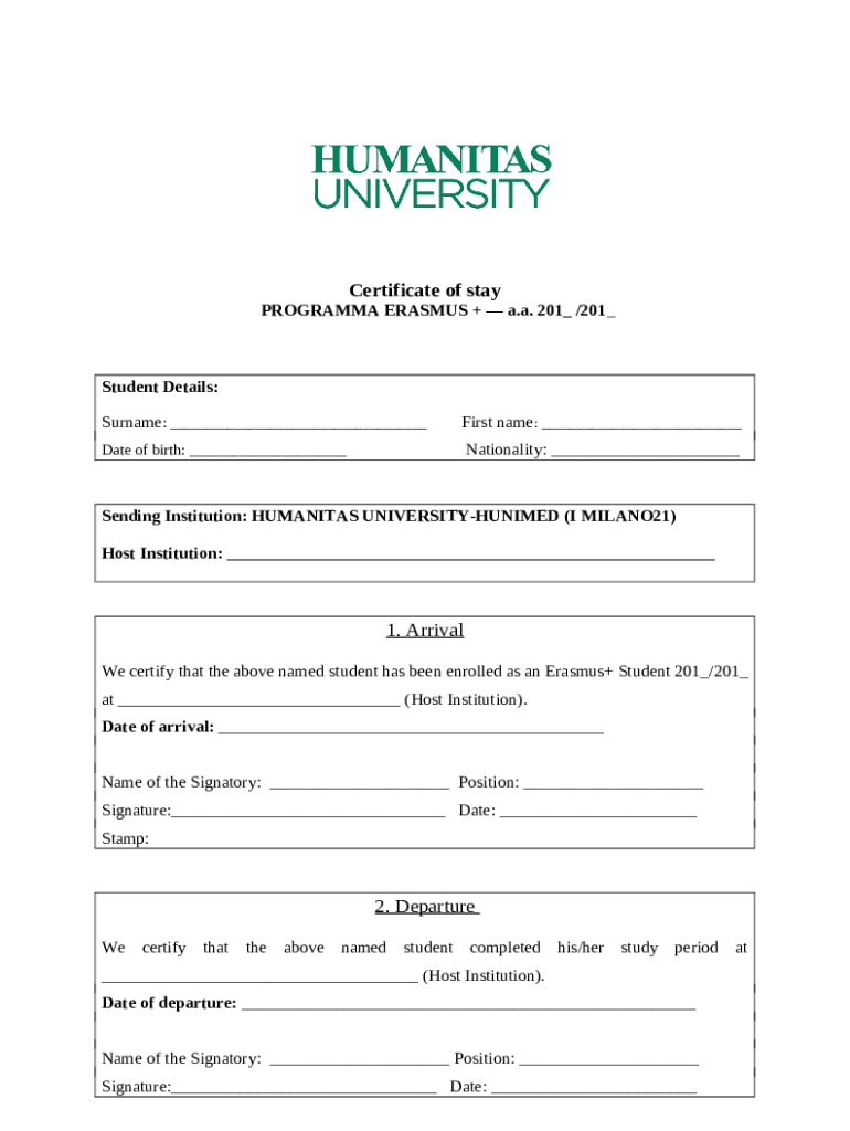 Certificate of stay Programma Erasmus + - unimi.it Doc Template | pdfFiller