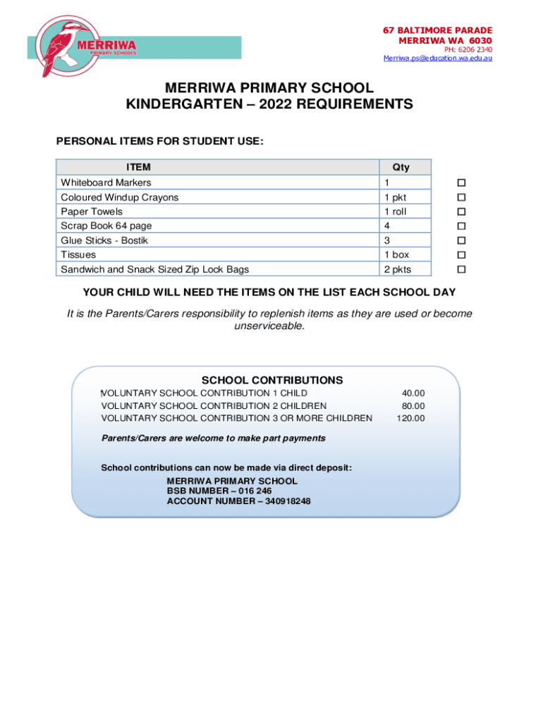 Fillable Online MERRIWA PRIMARY SCHOOL KINDERGARTEN Fax Email Print ...