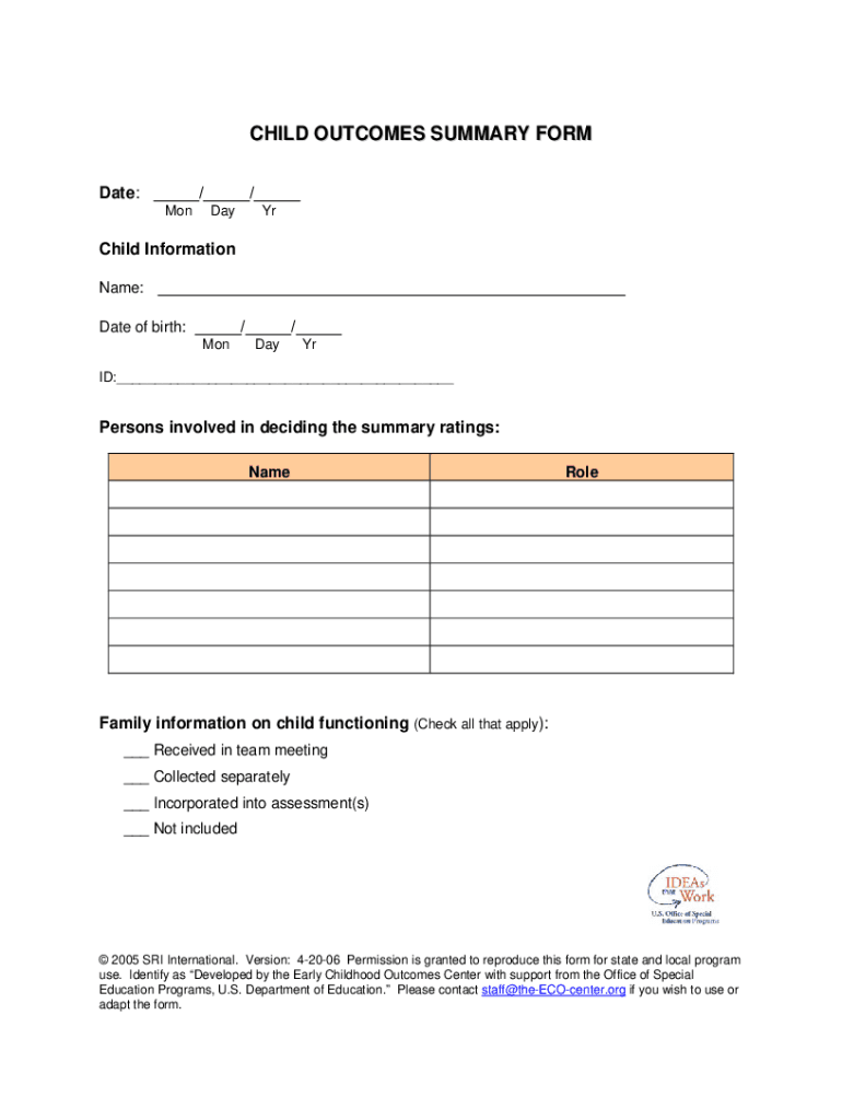 Fillable Online sde ok Child Outcome Summary Quick Reference Sheet Fax ...