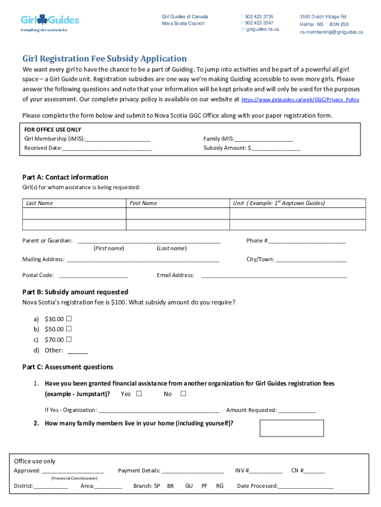 Fillable Online Girl Registration Fee Subsidy Application Fax Email ...