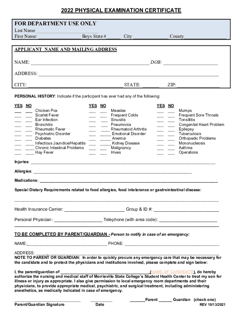 Fillable Online 2022 Physical Exam Certificate.doc Fax Email Print ...