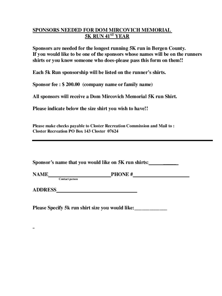 Fillable Online Closter's Dom Mircovich Memorial 5K - 42nd Annual & Jim ...