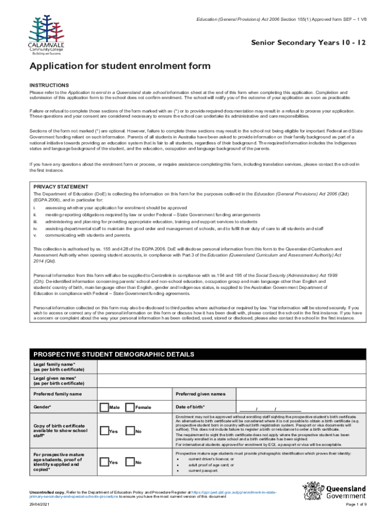 Fillable Online . Application for student enrolment form (v8) Fax Email ...
