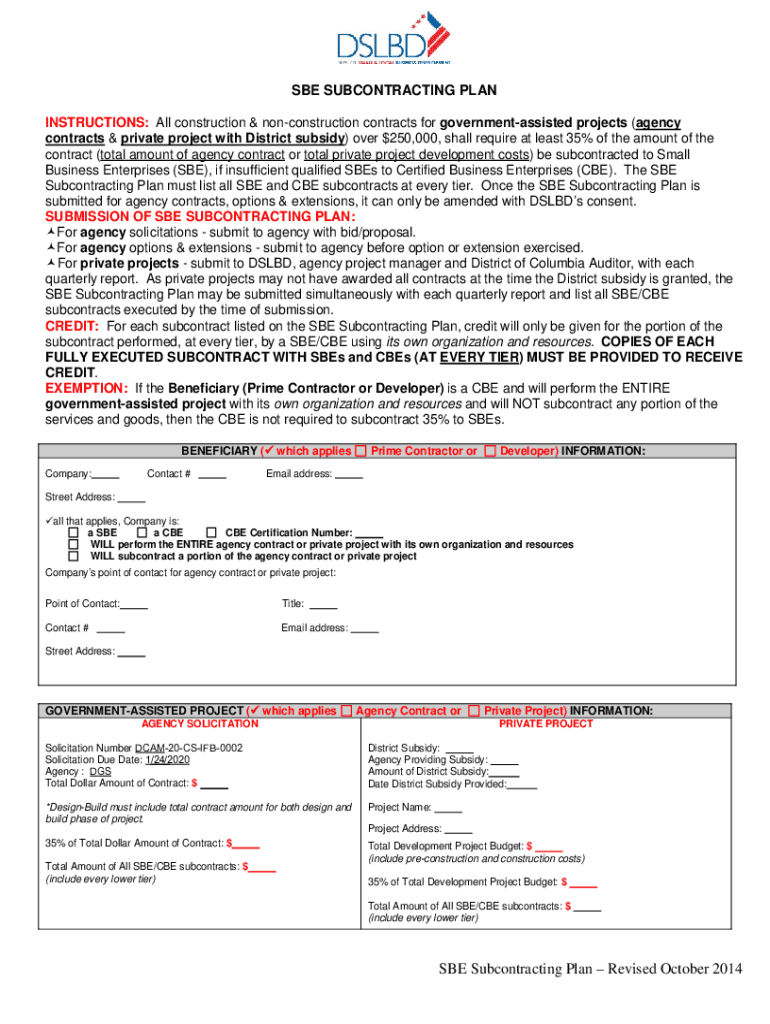 Fillable Online dgs dc Attachment J 5 - SBE Subcontracting Plan Form.pdf - DC DGS Fax Email ...