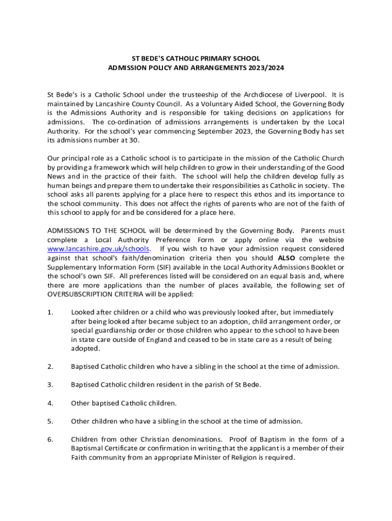 Fillable Online St Bede's Catholic Primary, South Shields admission policy ... Fax Email Print ...