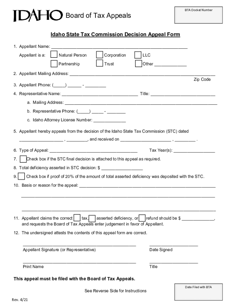 Fillable Online bta idaho Idaho State Tax Commission Decision Appeal ...