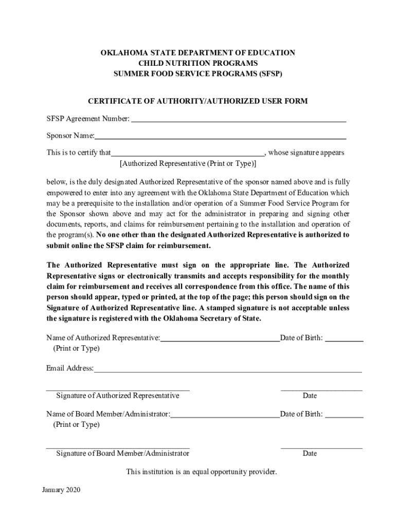 Fillable Online sde ok SFSP Certificate of Authority Fax Email Print - pdfFiller