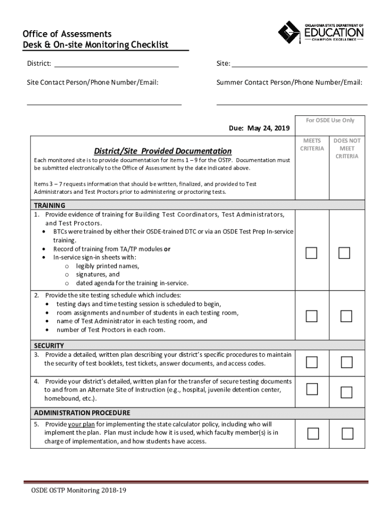 Fillable Online sde ok Office of Assessments Desk & On-site Monitoring Checklist Fax Email Print ...
