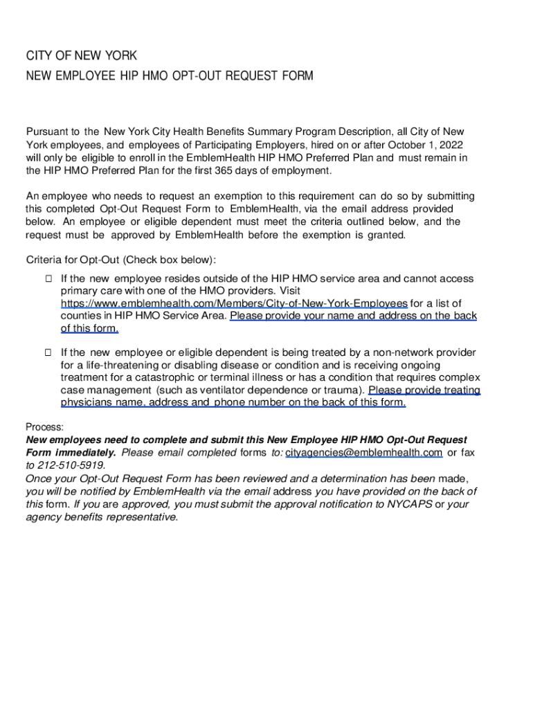 Fillable Online city of new york new employee hip hmo opt-out request ...