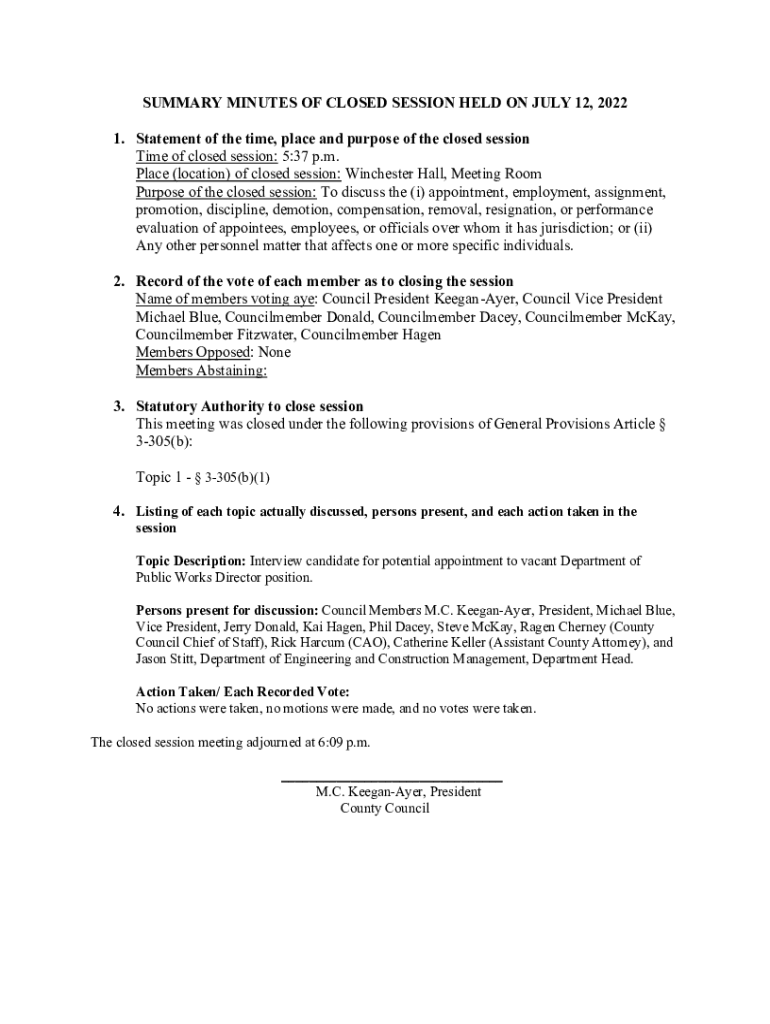 Fillable Online Statement of the time, place and purpose of the closed session Fax Email Print ...