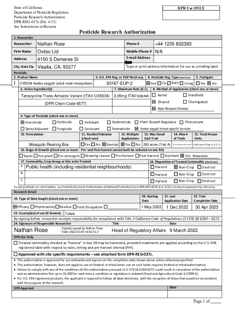 Fillable Online Pesticide Research Authorization. DPR-REG-027a ...