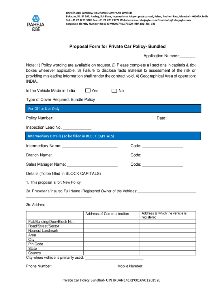 Fillable Online Proposal Form for Private Car Policy- Bundled - Raheja ...