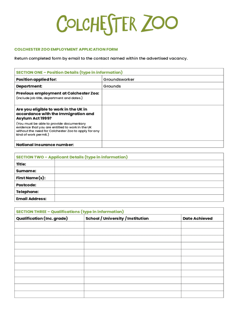 Fillable Online Senior Animal Keeper - Africa Section - Colchester Zoo ...