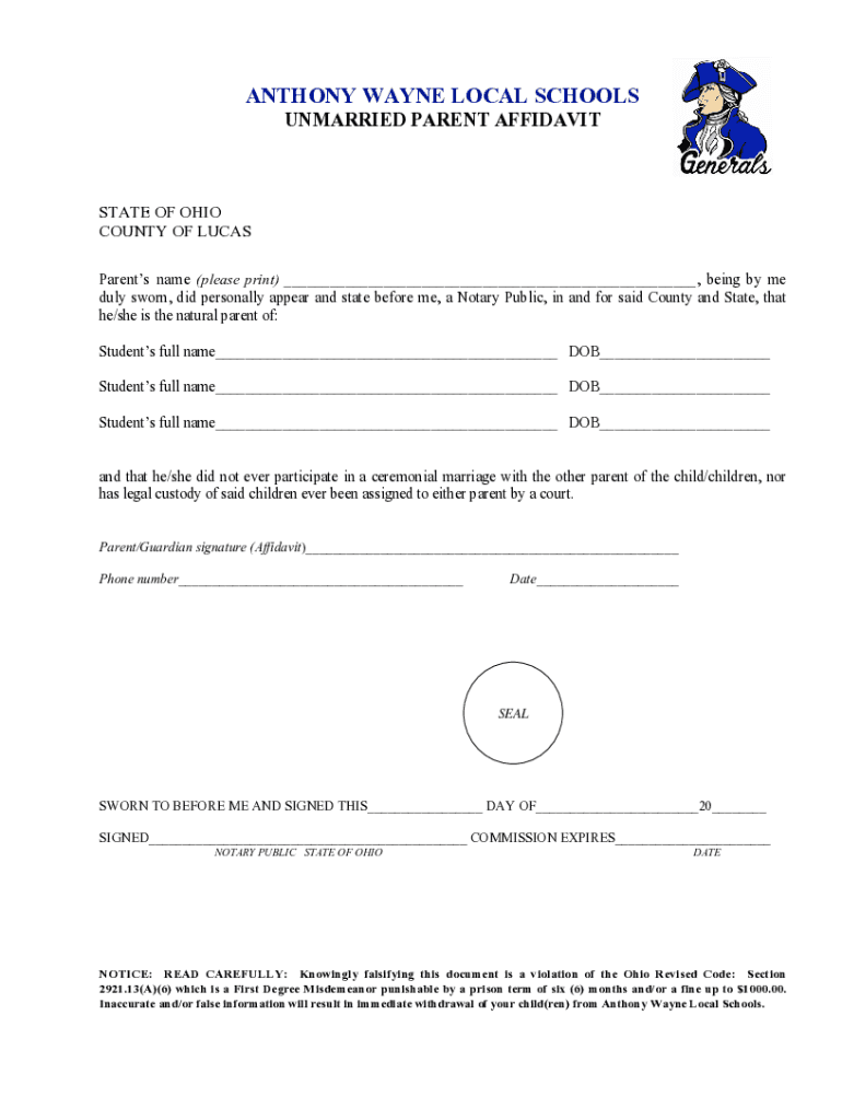 Fillable Online Unmarried Parent Affidavit - Anthony Wayne Local ...