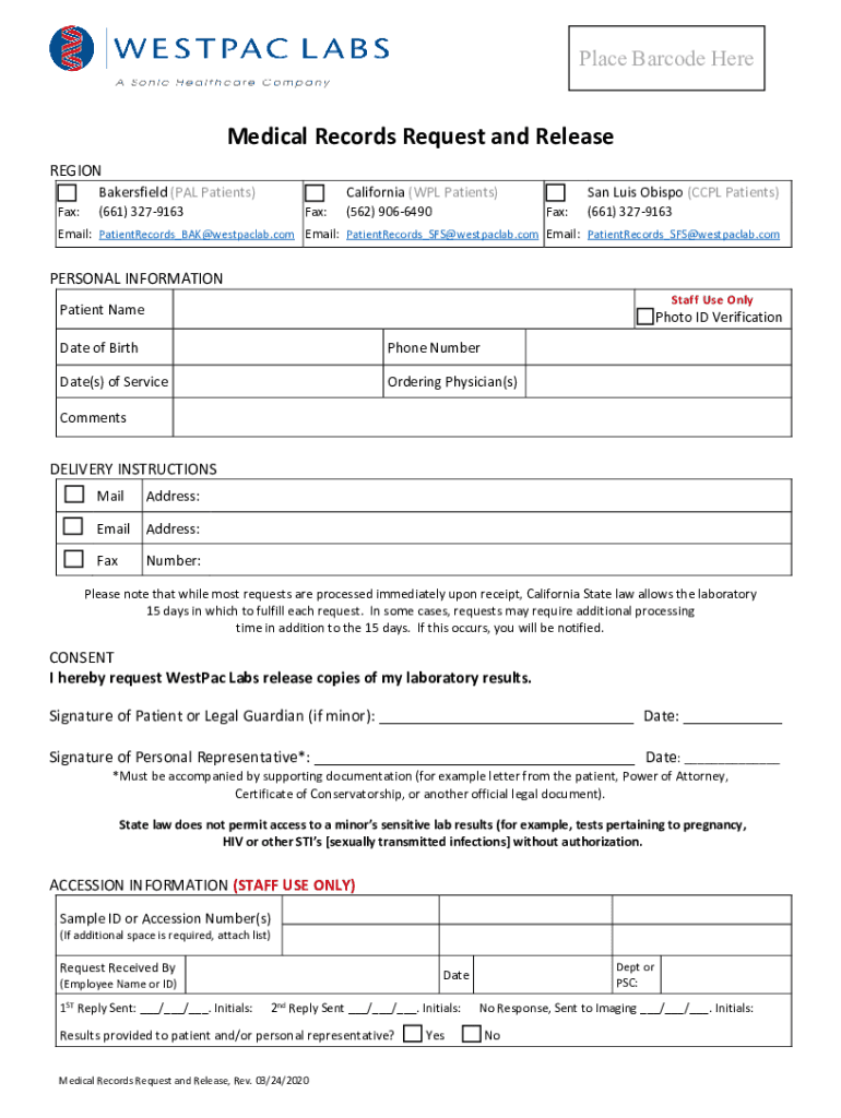 Fillable Online MRR and Authorization-to-Release FormWestPac Labs Fax Email Print - pdfFiller