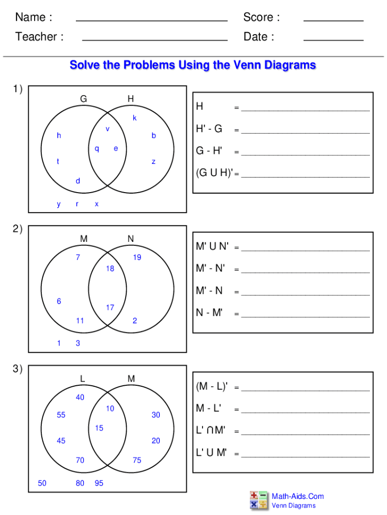 Fillable Online Score : Answer the Questions Based on the Venn Diagram ...