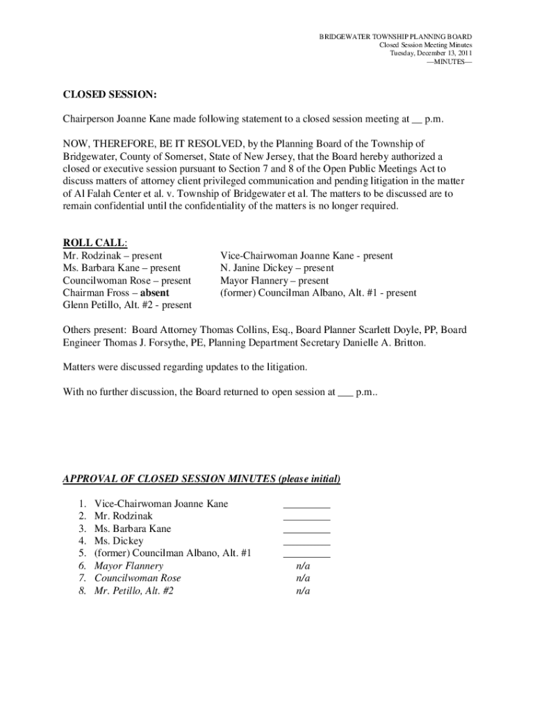 Fillable Online CLOSED SESSION: Chairperson Joanne Kane made following ...