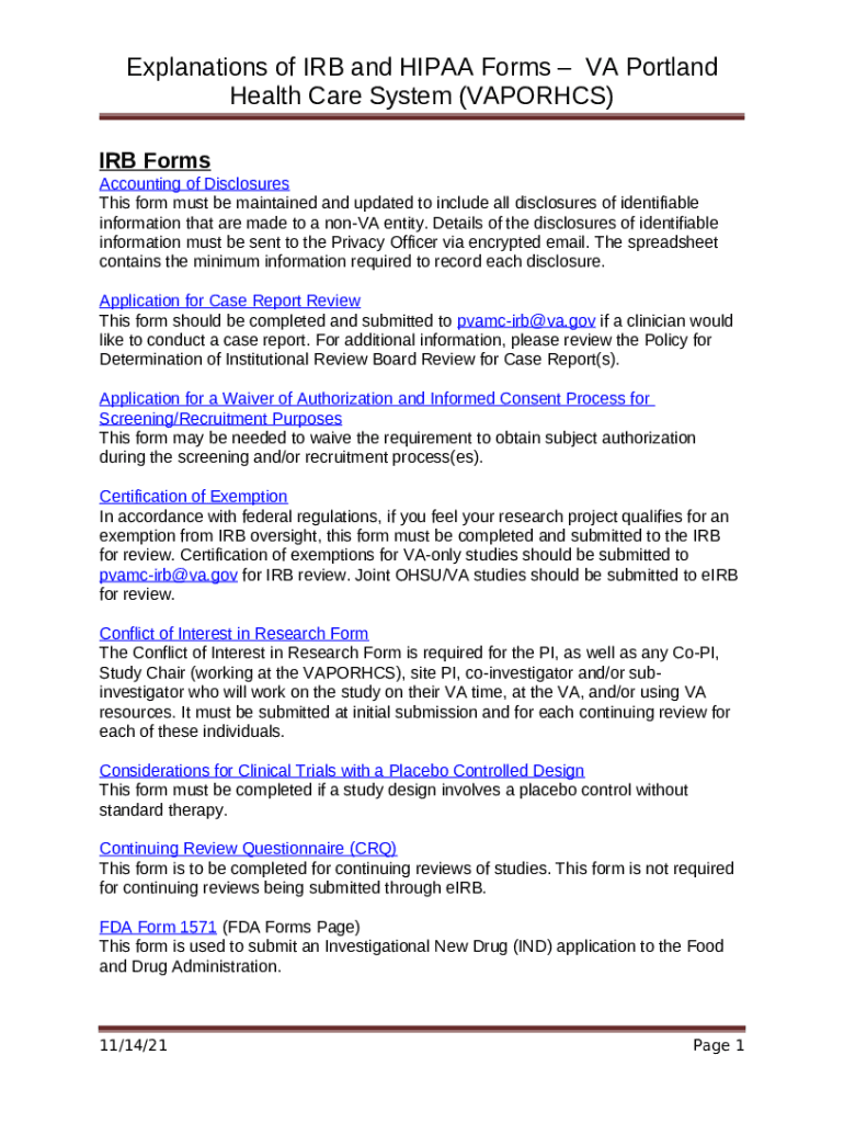 Explanations of IRB sPortland VA Medical Center Doc Template | pdfFiller