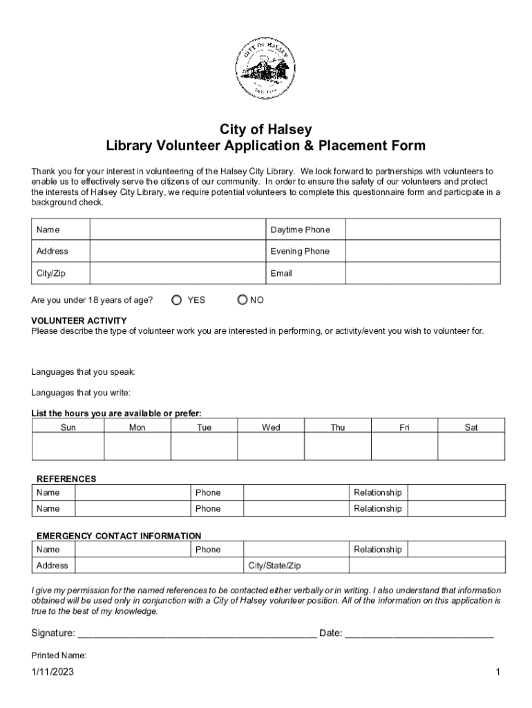 Fillable Online City of Halsey Library Volunteer Application ...