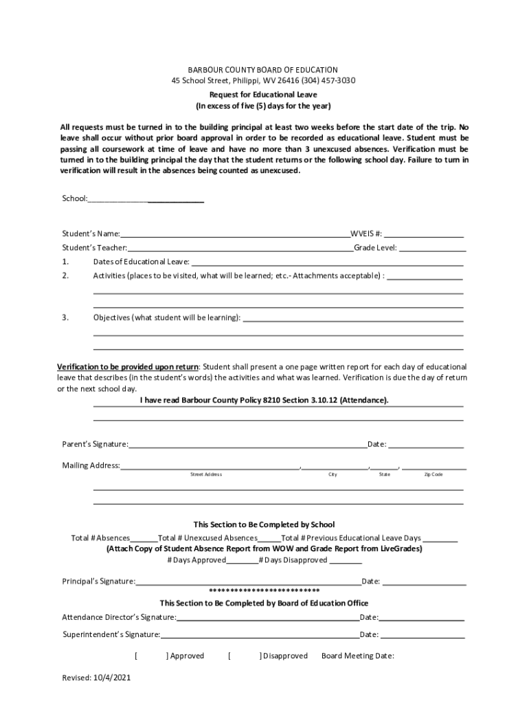 Fillable Online pbhs barb k12 wv Request for Educational Leave (In ...