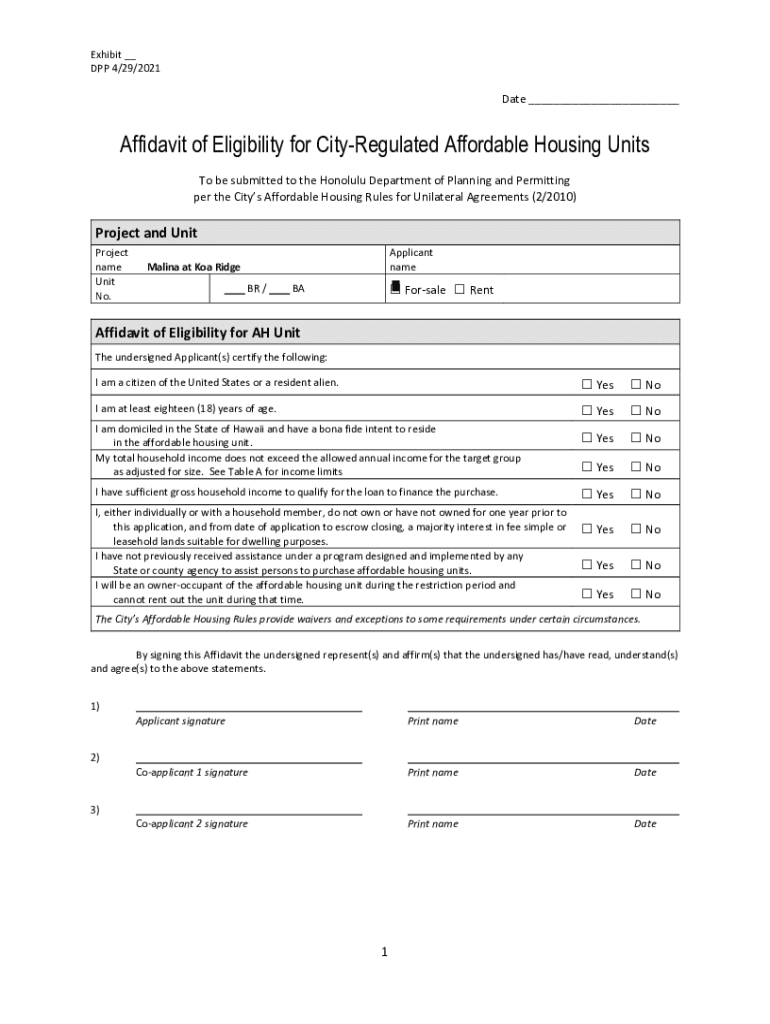 Fillable Online Affidavit of Eligibility for City-Regulated Affordable ...