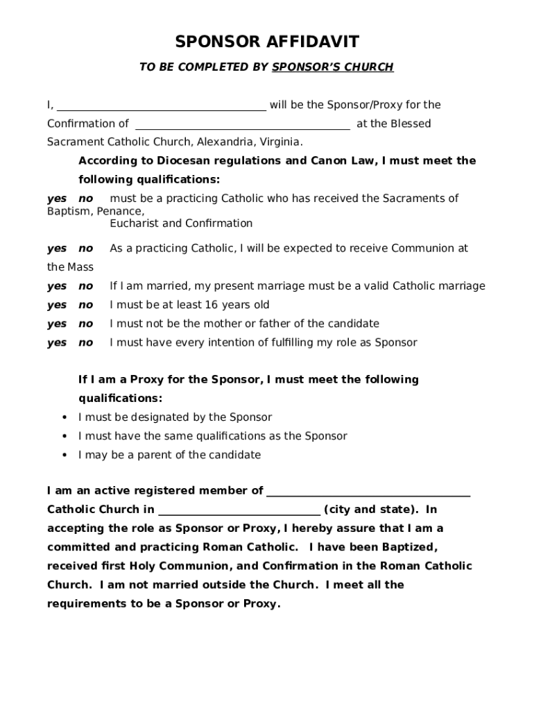 Sponsor Affidavit - Blessed Sacrament Catholic Church Doc Template ...