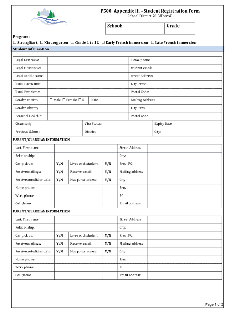 Fillable Online Appendix III - Student Registration Form School: Grade ...