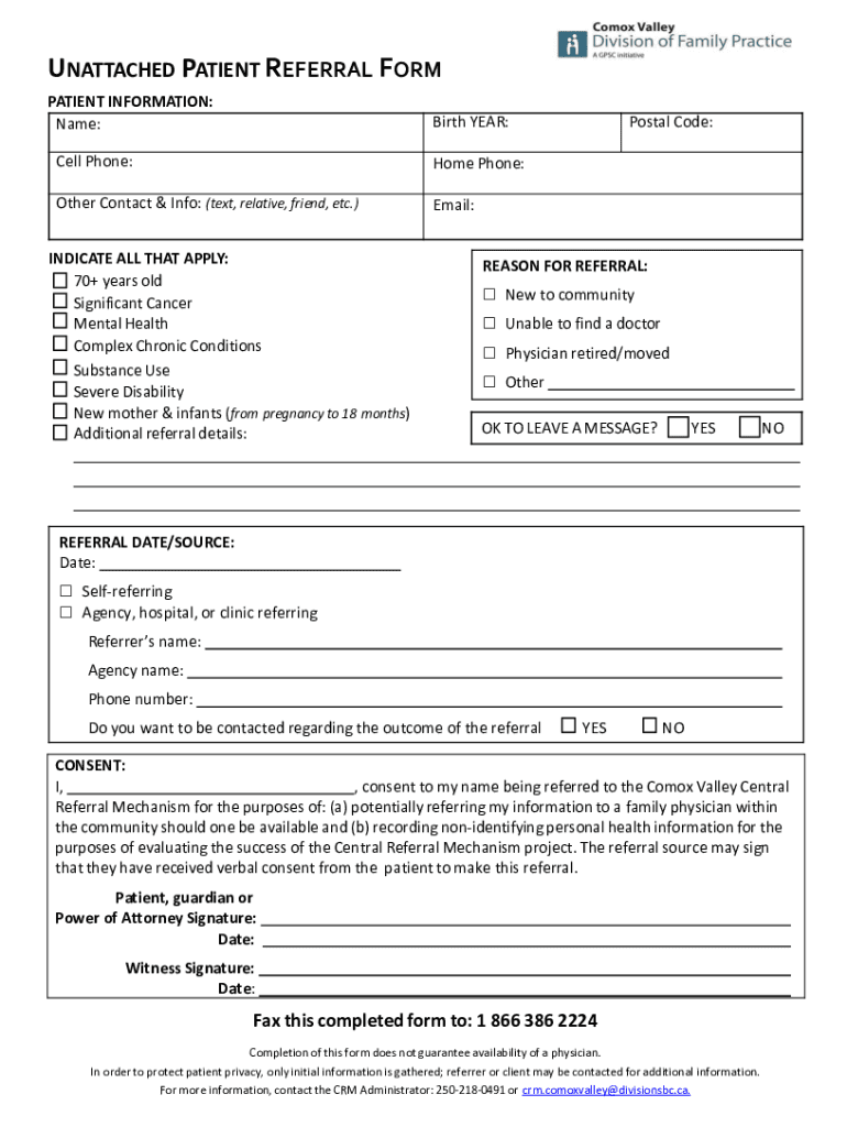 Fillable Online Unattached Patient Referral Form - Divisions of Family ...