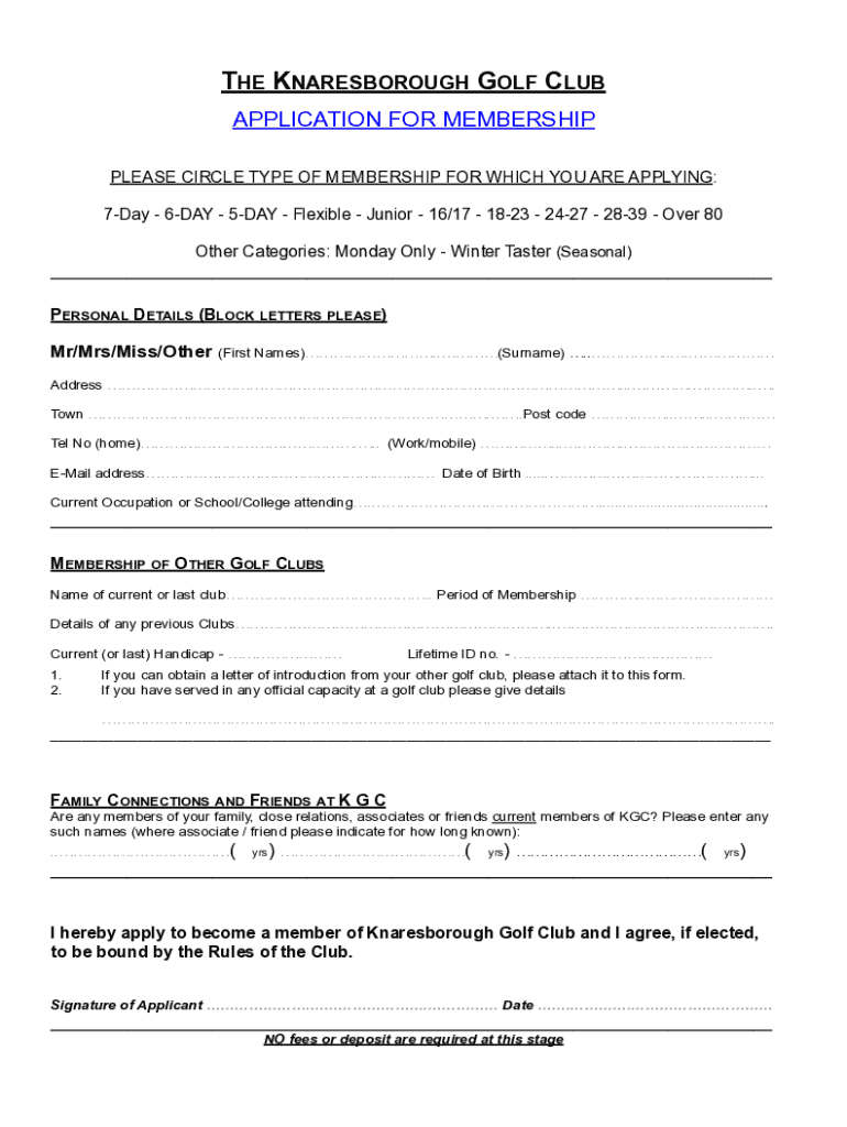 Fillable Online KGC Membership Application Form - Knaresborough Golf ...