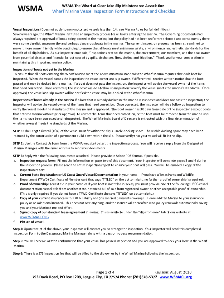 Fillable Online Wharf Marina Vessel Inspection Form Instructions and ...
