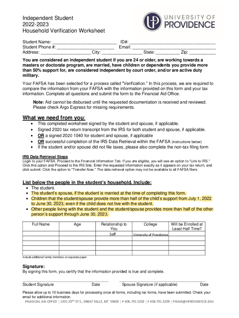 Fillable Online 20222023 Verification Worksheet (V5) Independent Student Fax Email Print - pdfFiller