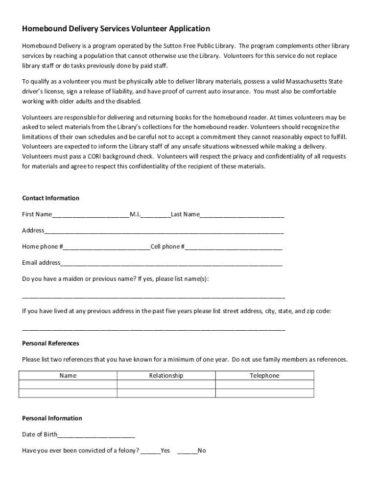 Fillable Online Homebound Delivery Services Volunteer Application Fax ...