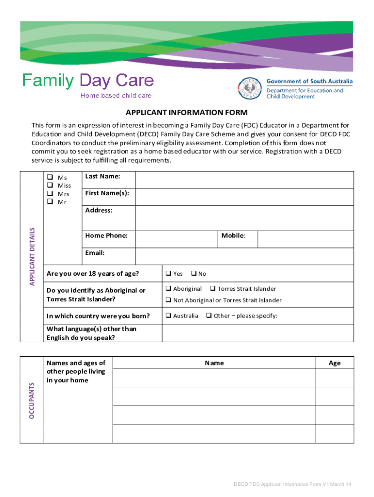 Fillable Online Family day care educator applicant information form. A ...