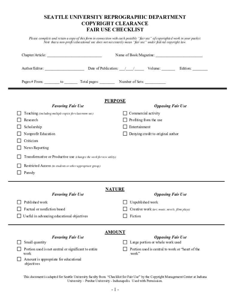 Fillable Online Completing the Fair Use Checklist - .Copyright and Fair ...
