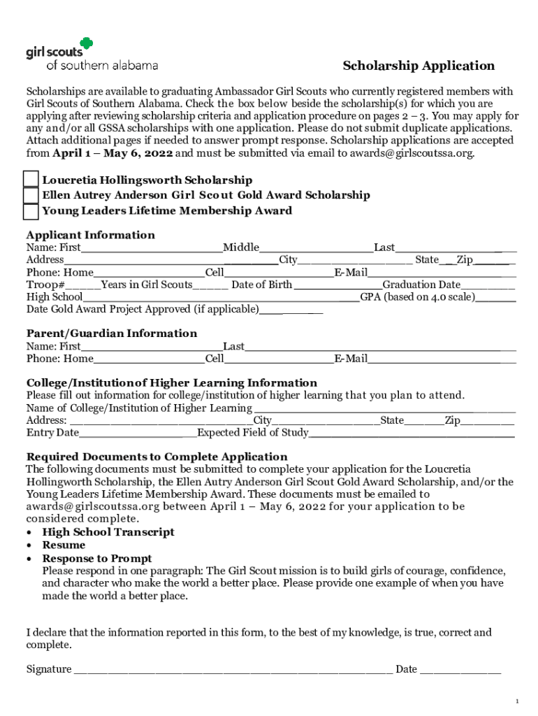 Fillable Online Scholarship Application. Use this form to apply for scholarships from Girl ...