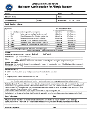 Fillable Online Medication Administration for Allergic Reaction Form ...