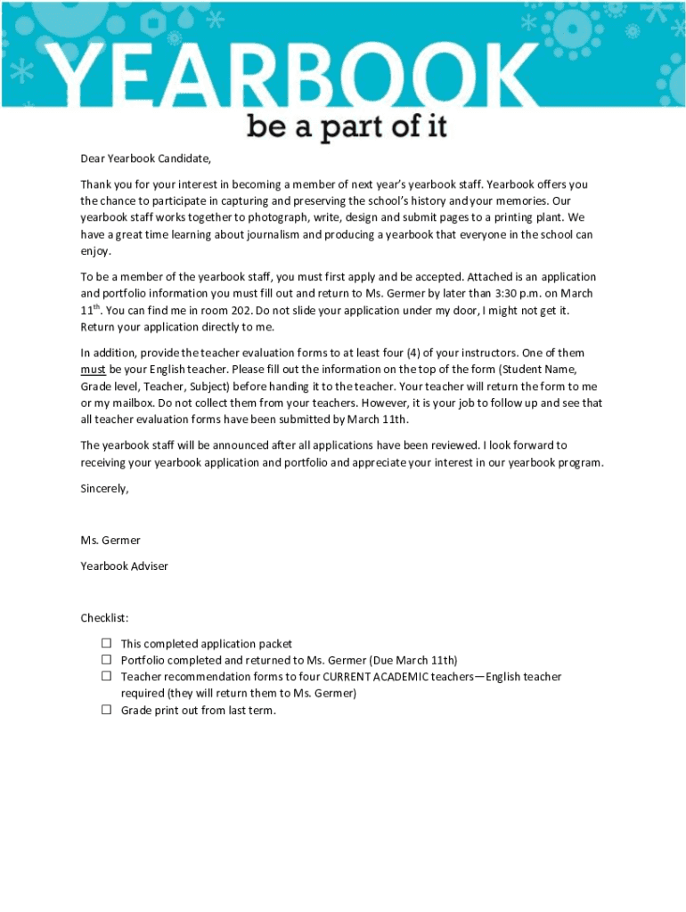 Fillable Online Dear Yearbook Candidate, Thank you for your interest in ...