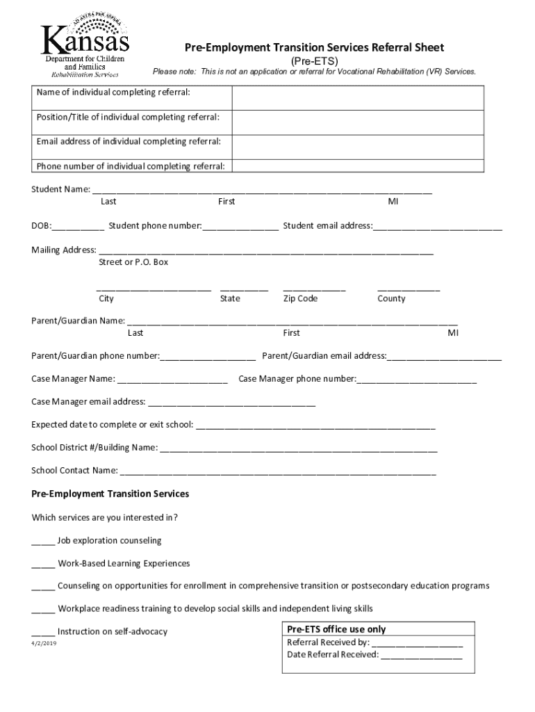 Fillable Online Pre-ETS Referral Form - State of Delaware Fax Email ...