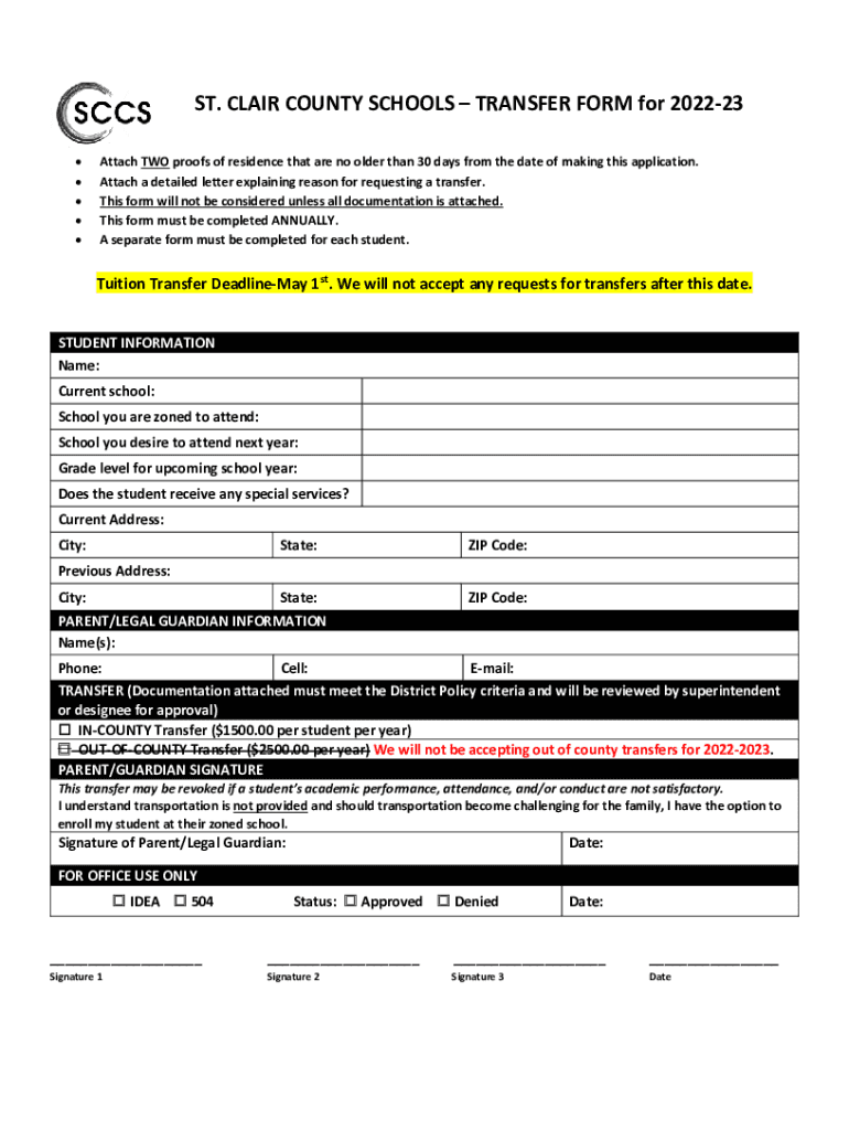 Fillable Online 22-23 Student Transfer Form - St Clair County Schools Fax Email Print - pdfFiller