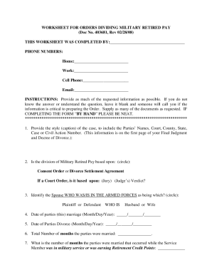 Fillable Online worksheet for orders dividing military retired pay Fax ...