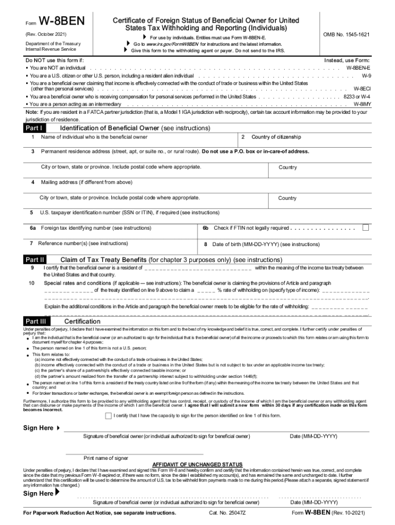 Fillable Online About Form W-8 BEN, Certificate of Foreign Status of ...