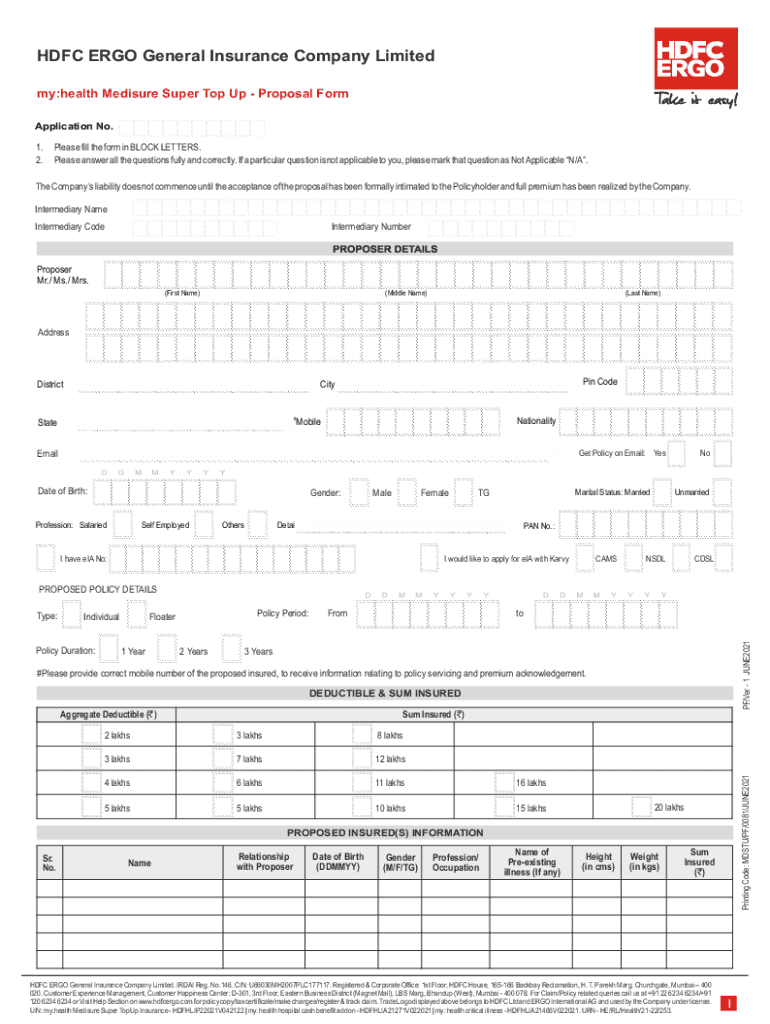 Fillable Online my:health Medisure Super Top Up - Proposal Form - HDFC Ergo Fax Email Print ...