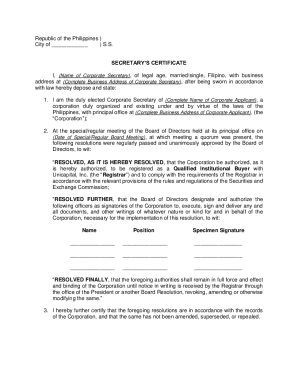 Fillable Online S.S. SECRETARY'S CERTIFICATE I, (Name of Corporat Fax ...
